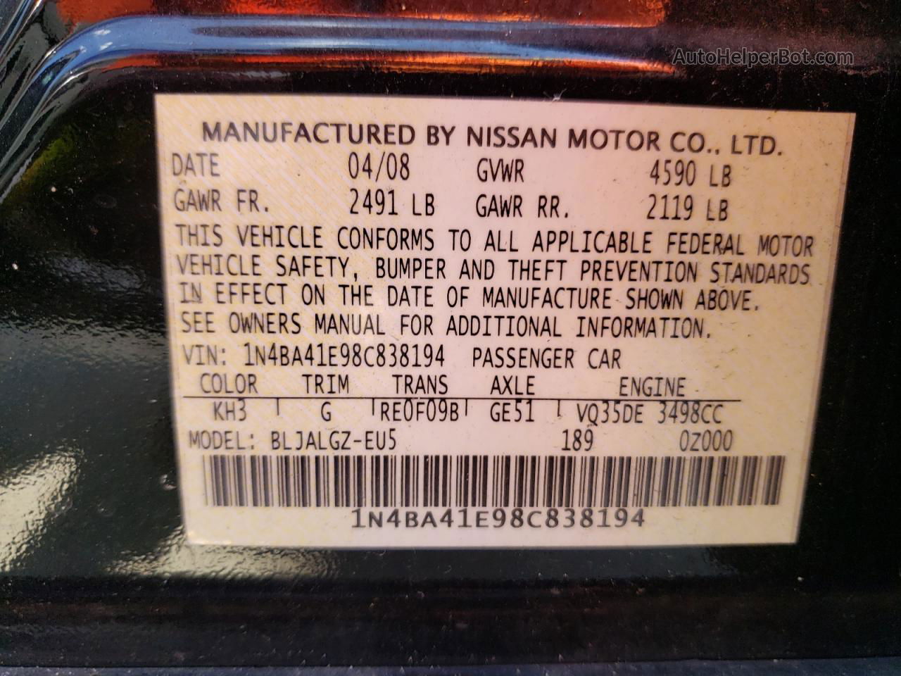 Price & History 2008 Nissan Maxima Se 3.5l 6 vin: 1N4BA41E98C838194 ...