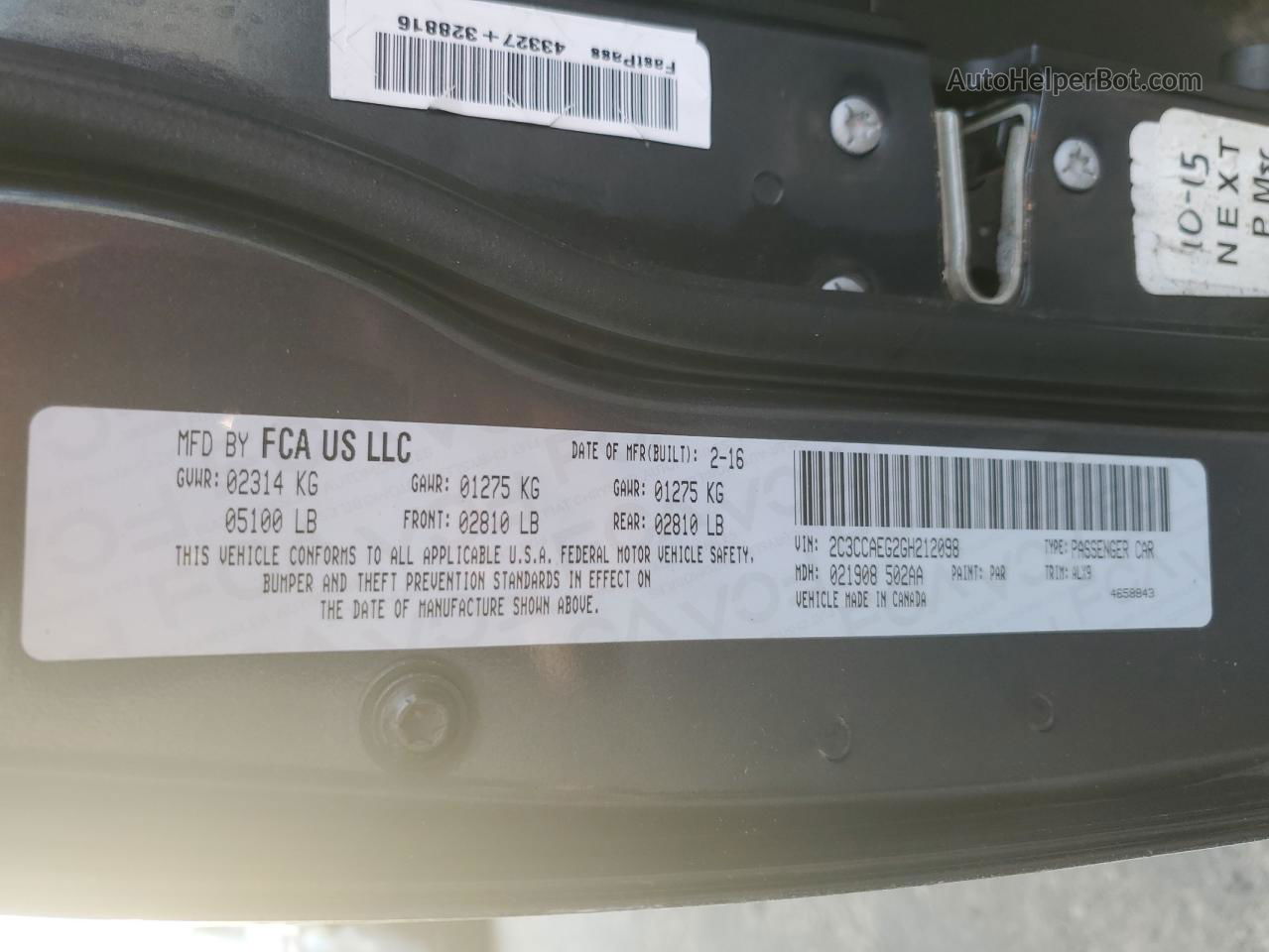 Price & History 2016 Chrysler 300c 3.6l 6 vin: 2C3CCAEG2GH212098 ...