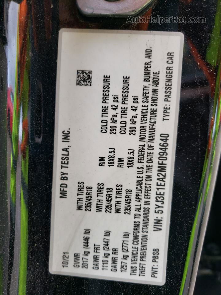 Price & History 2021 Tesla Model 3 vin: 5YJ3E1EA2MF094640 | AutoHelperBot