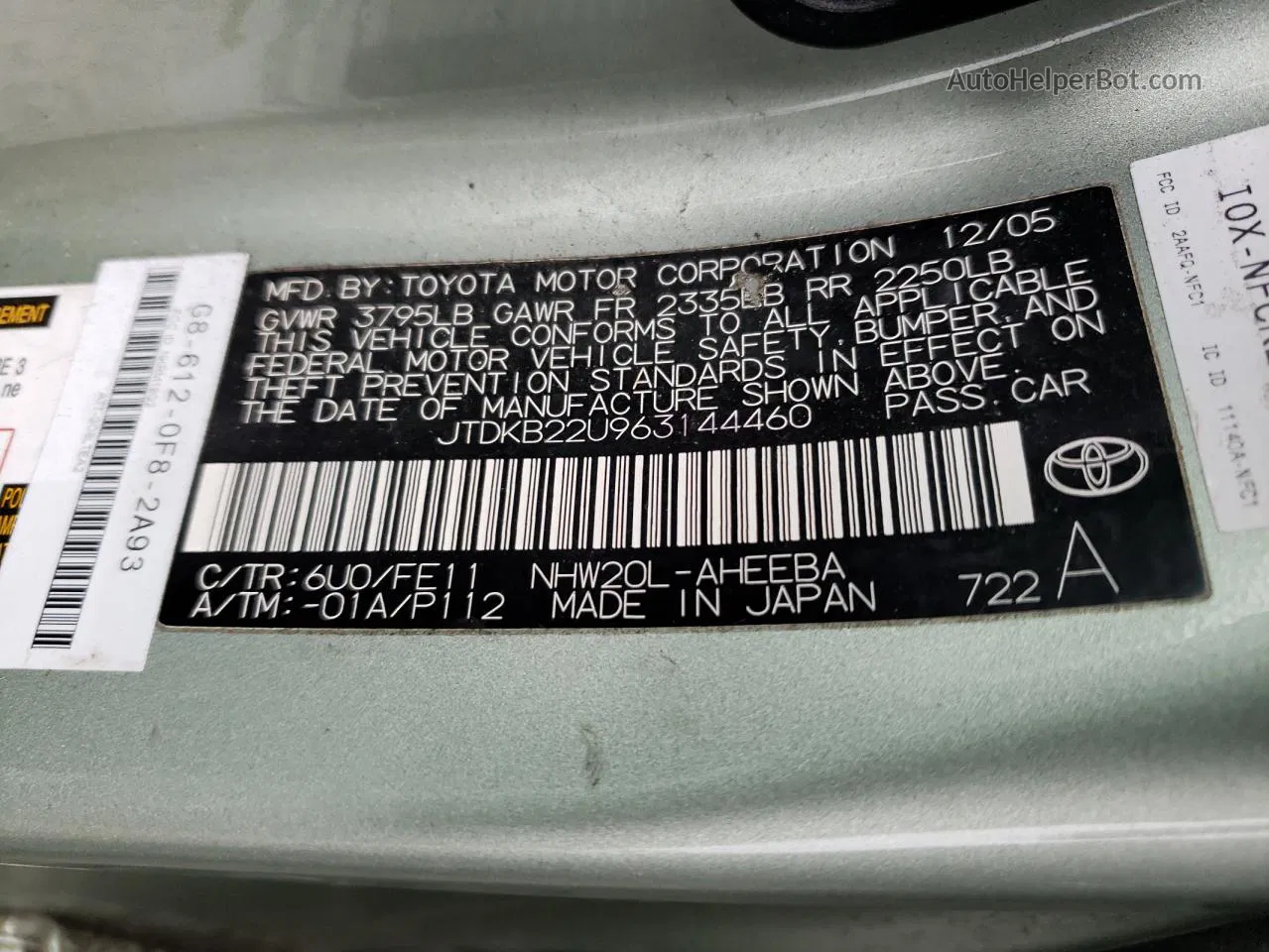 Price & History 2006 Toyota Prius 1.5l 4 vin: JTDKB22U963144460 ...